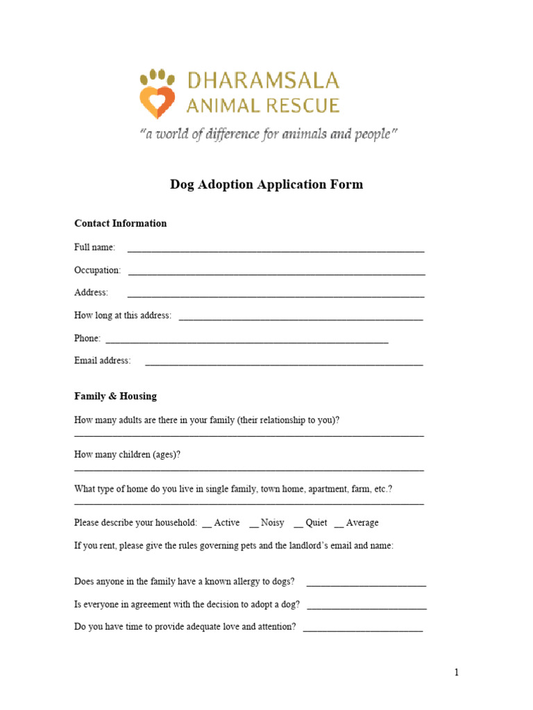 Dog Adoption Application Form | PDF | Animals And Humans