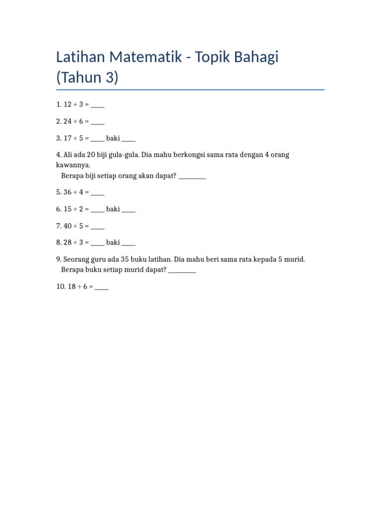Latihan Bahagi Tahun 3 Pdf