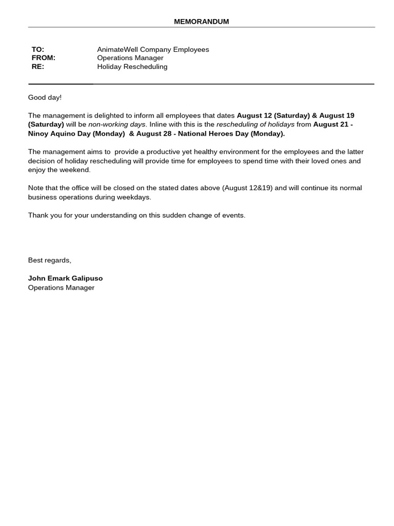 Memorandum Holiday Rescheduling | PDF