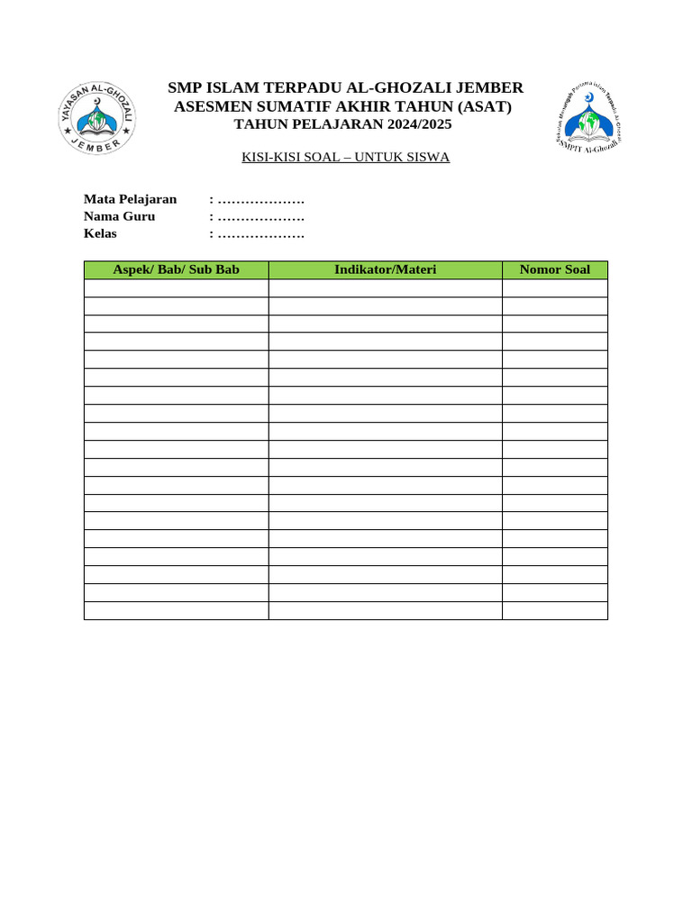 2. KISI-KISI SISWA_IPA_ASAT_KELAS 7-8_TP. 2024-2025 | PDF