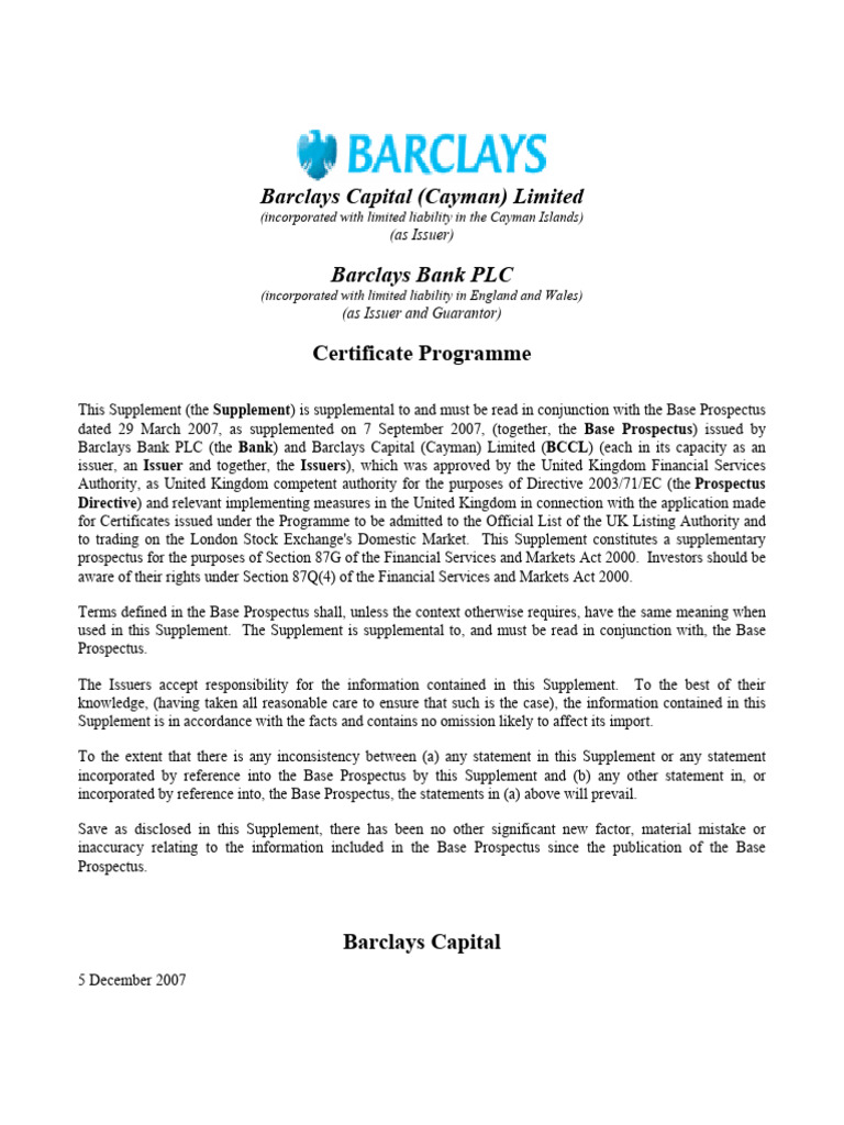 Barclays Capital (Cayman) Limited Barclays Bank PLC Certificate ... | PDF | Credit Card | Lawsuit