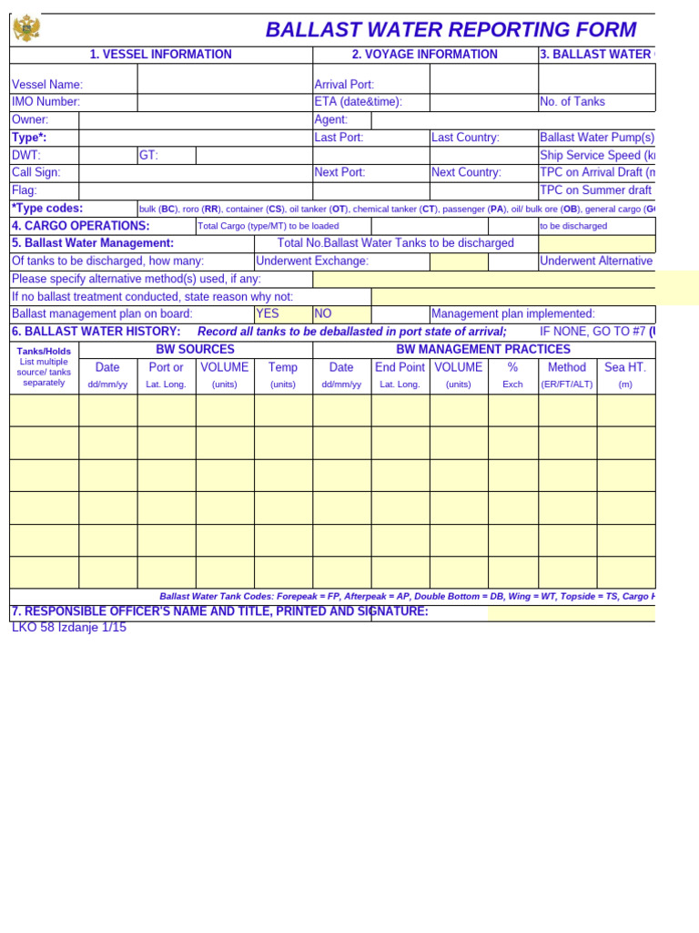 1718981657-LKO 58 Ballast Water Reporting Form | PDF | Oil Tanker | Ships