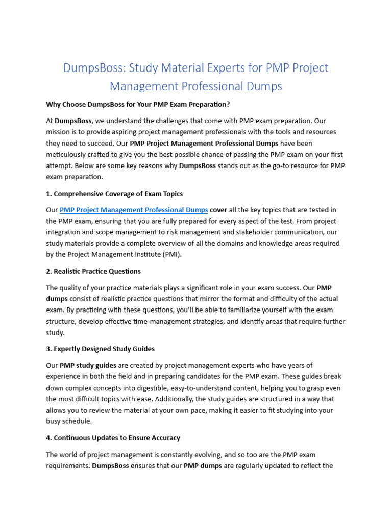 DumpsBoss Study Material Experts For PMP Project Management Professional Dumps | PDF | Project ...