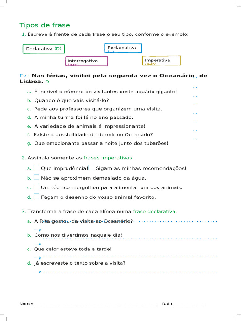 Ficha Portugues 5 Ano Tipos de Frase | PDF