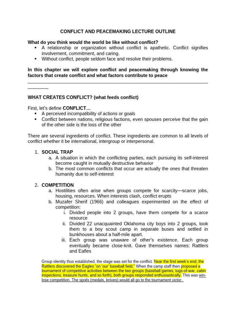 CONFLICT AND PEACEMAKING LECTURE OUTLINE | PDF | Mediation | Prejudices