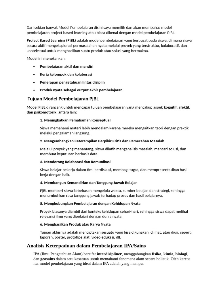 Tujuan Model Pembelajaran PJBL: Analisis Keterpaduan Dalam Pembelajaran Ipa/Sains | PDF