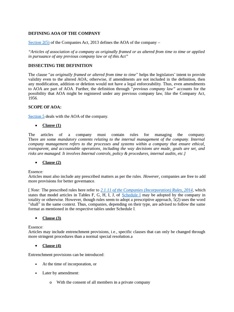 Defining Aoa of The Company | PDF | Articles Of Association | Private Law