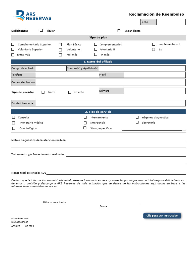 Formulario de Reembolsos ARS RESERVAS (Actualizado) | PDF