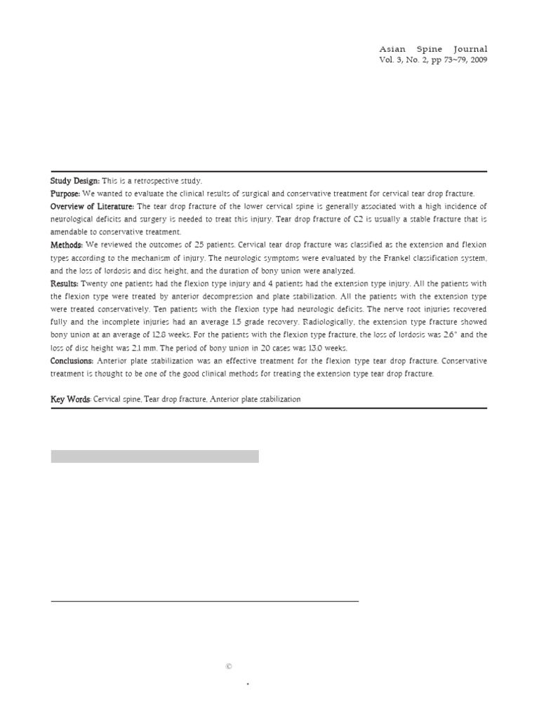 Treatment Outcome of Cervical Tear Drop Fracture: Hyeon Jun Kim, Kyu ...