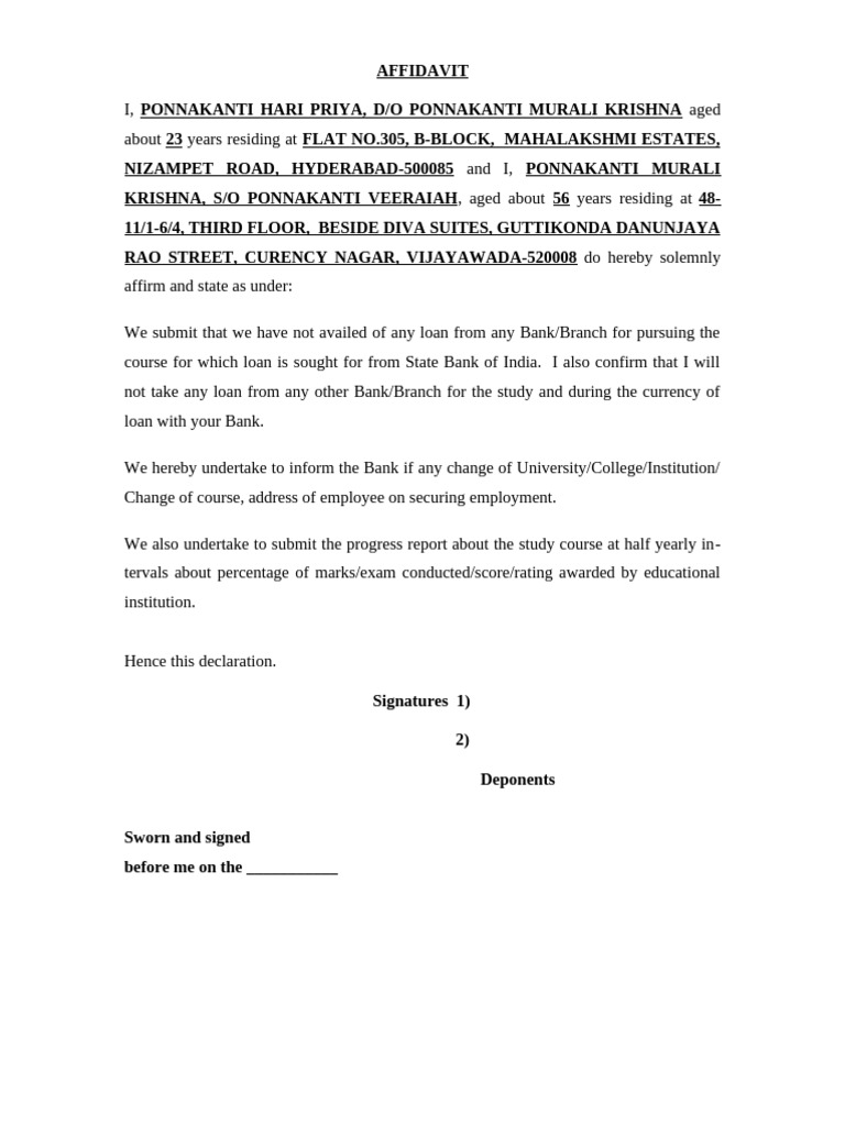 Affidavit for Educational Loan Declaration | PDF