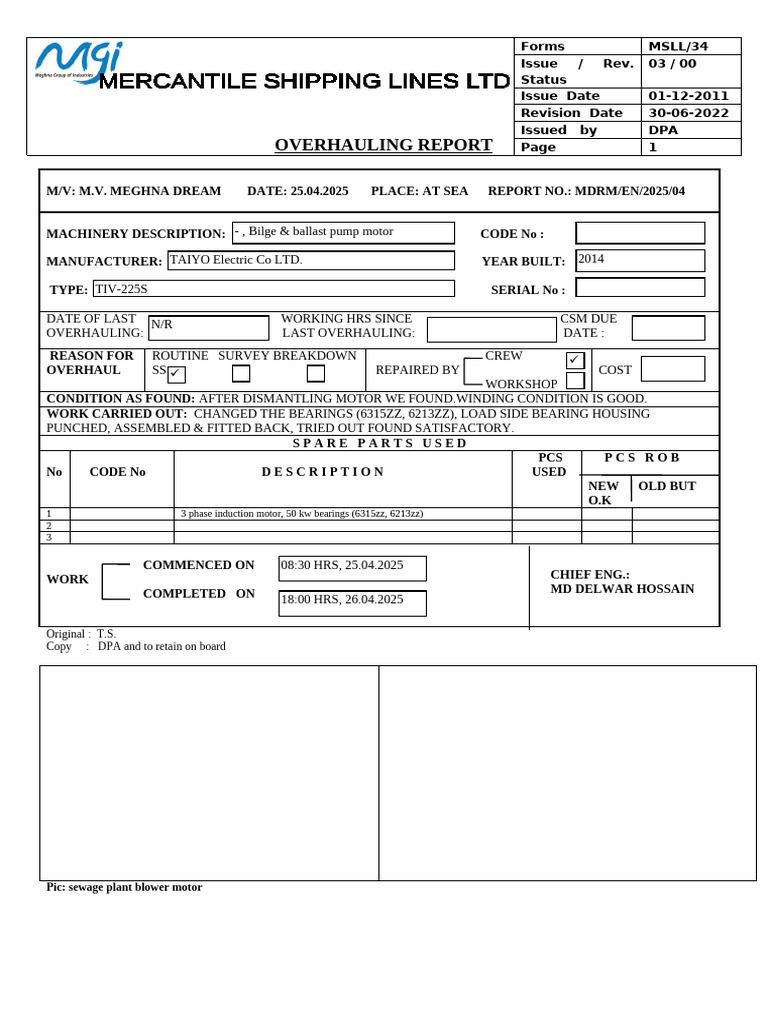 FORM 34 - OVERHAULING REPORT - Fire, Bilge & Ballast Pump Motor | PDF ...