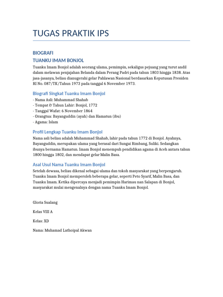 Tugas Biografi Tuanku Imam Bonjl Nama Diatas | PDF