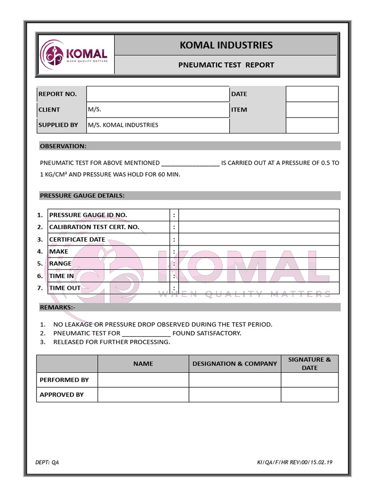 PNEUMATIC TEST REPORT | PDF