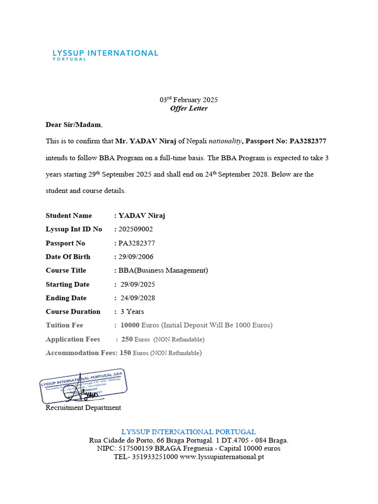 Niraj BBA offer letter | PDF