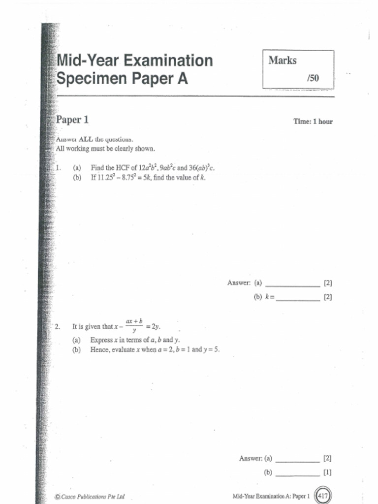 Mid-Year Examination Specimen Paper A Paper 1 | PDF
