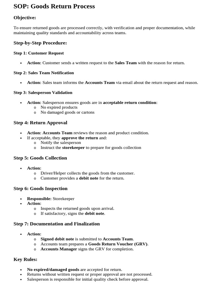 SOP Goods Return Process | PDF