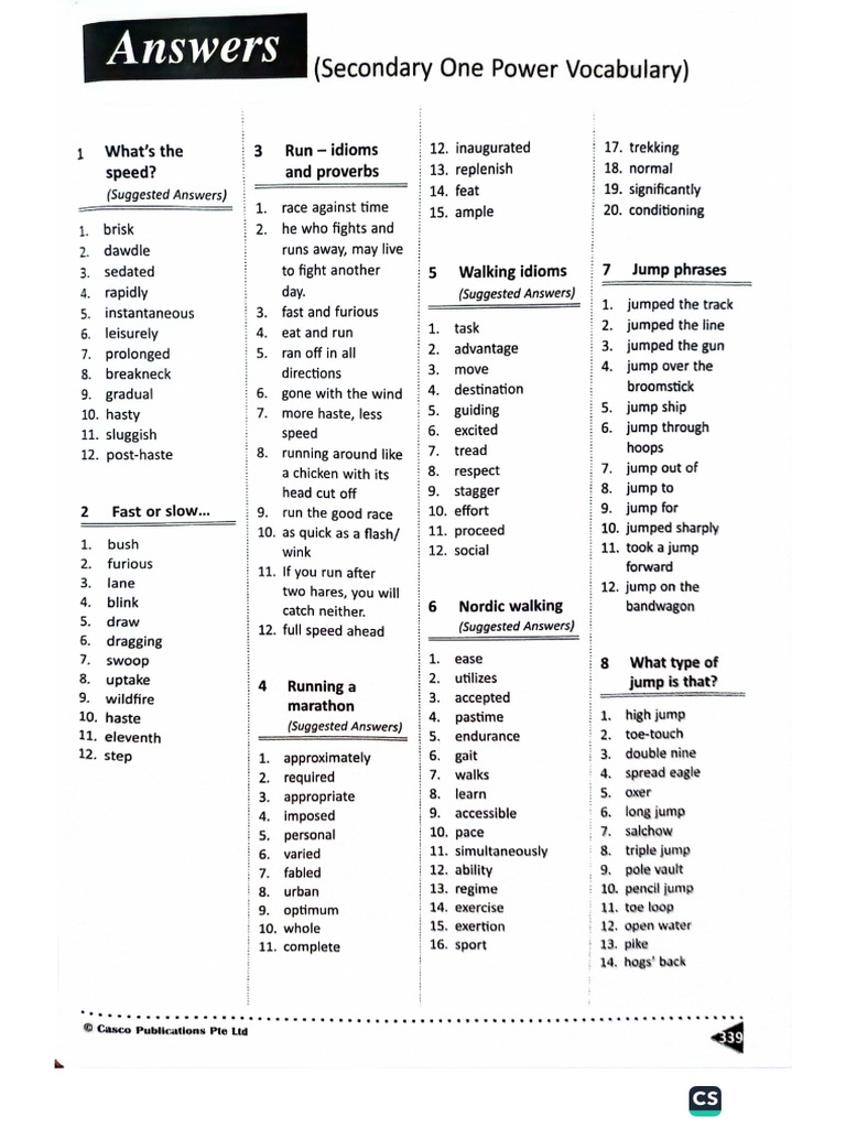 (Answers) Secondary 1 Power Vocabulary | PDF