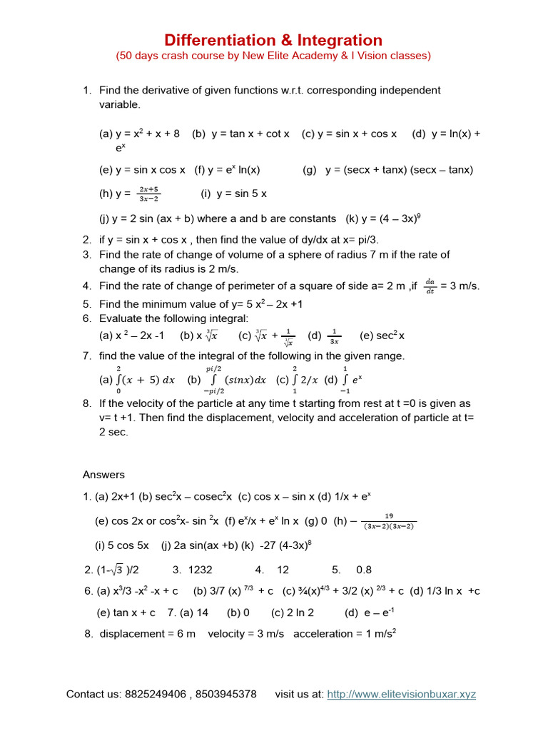 Differentiation and Integration Sheet | PDF | Derivative | Integral