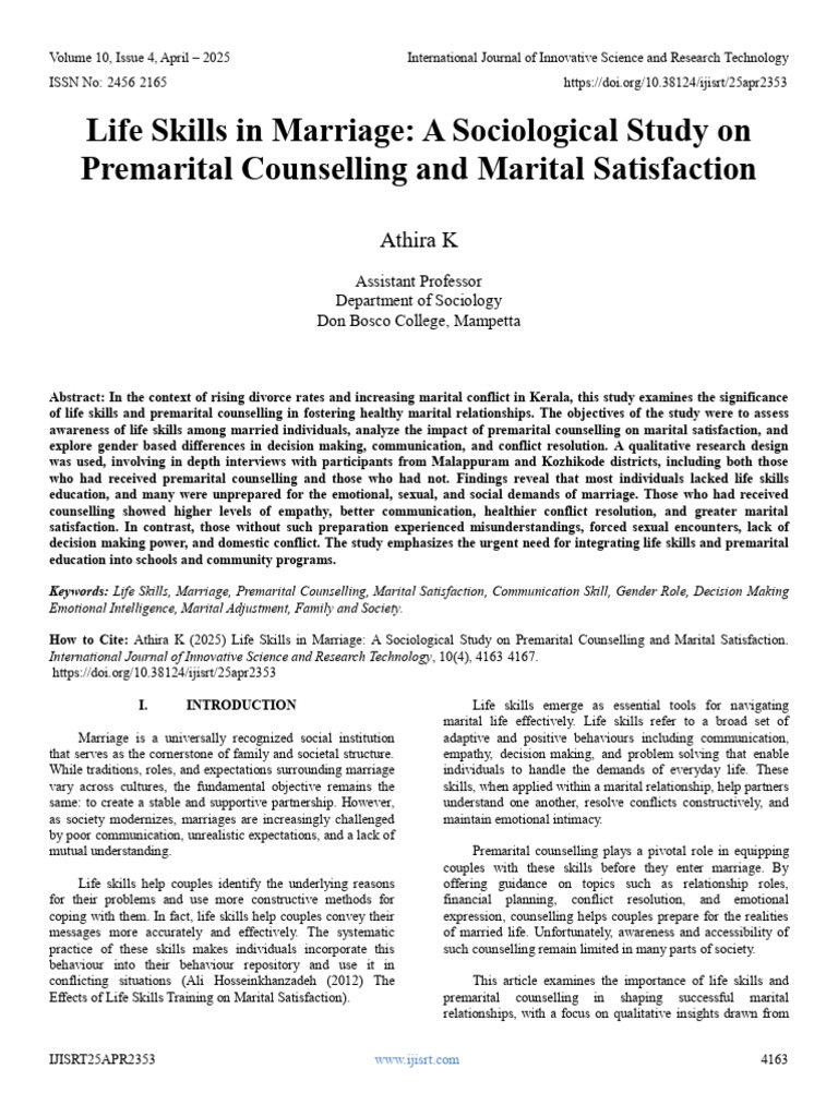 Life Skills in Marriage: A Sociological Study On Premarital Counselling ...