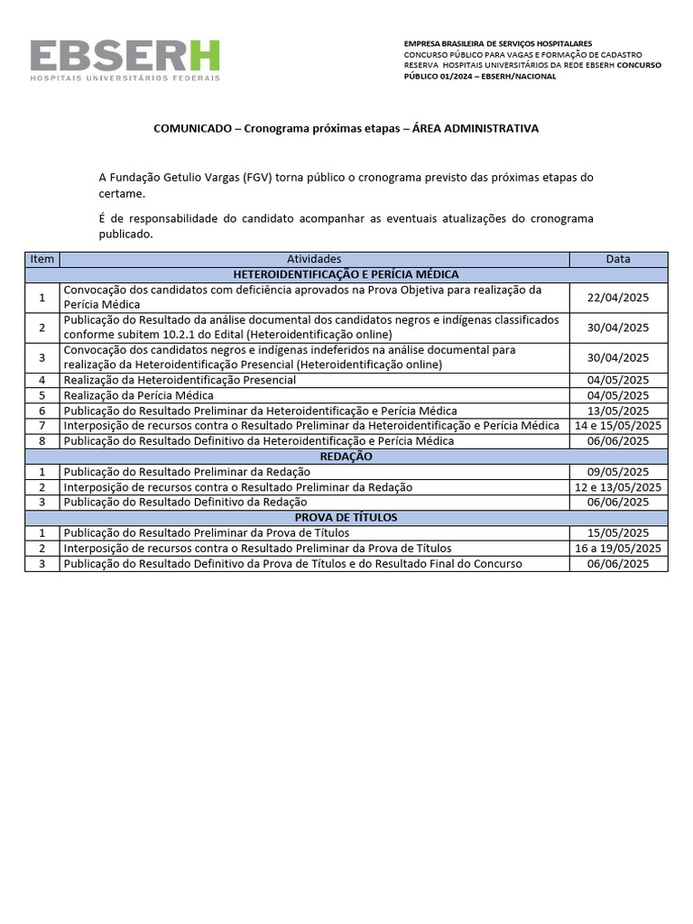 Ebserh Cronograma Administrativa VF | PDF