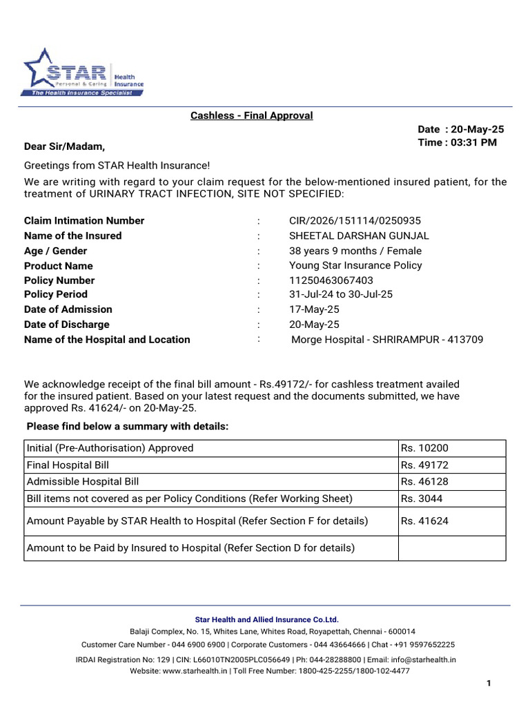 SHEETAL DARSHAN GUNJAL - Approval | PDF | Hospital | Insurance