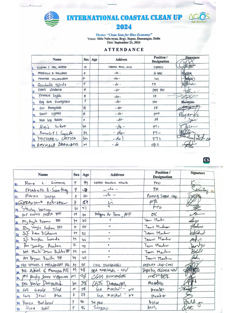 International Coastal Clean Up Attendance Sheet. | PDF