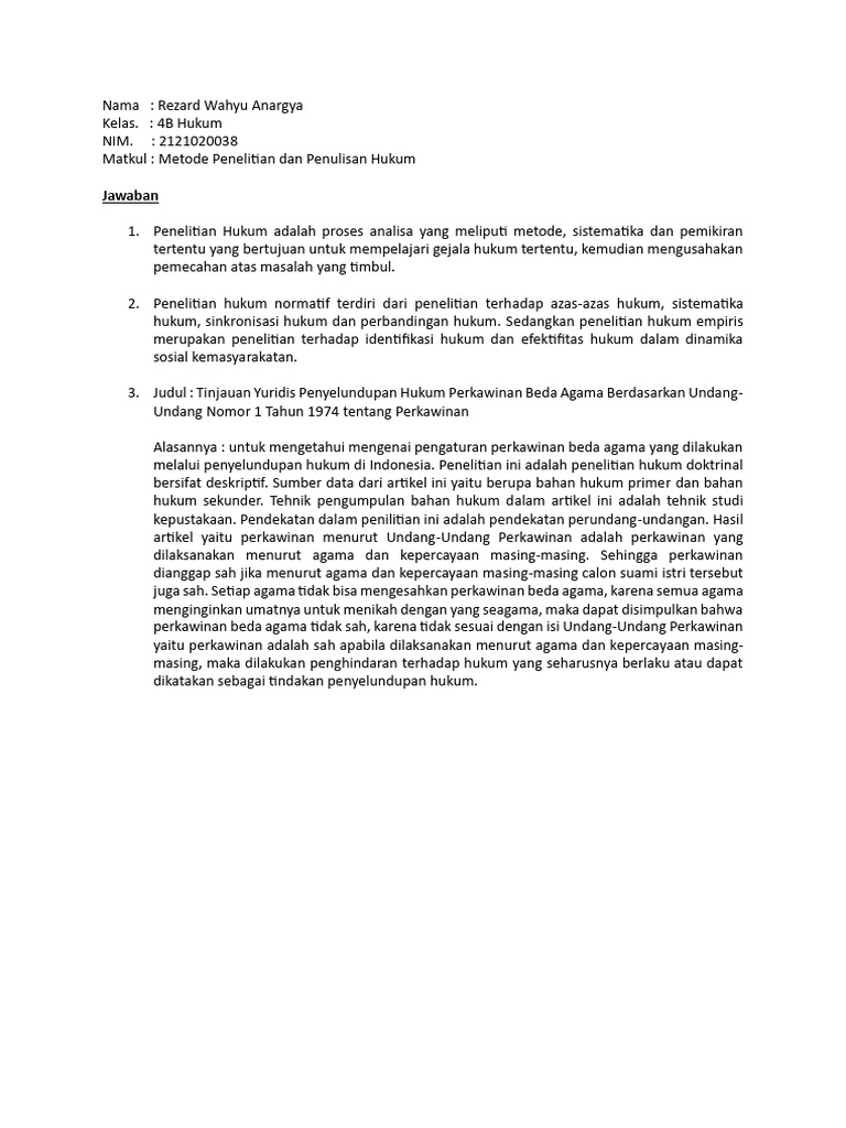 UTS Metode Penelitian & Penulisan Hukum Rezard Wahyu | PDF