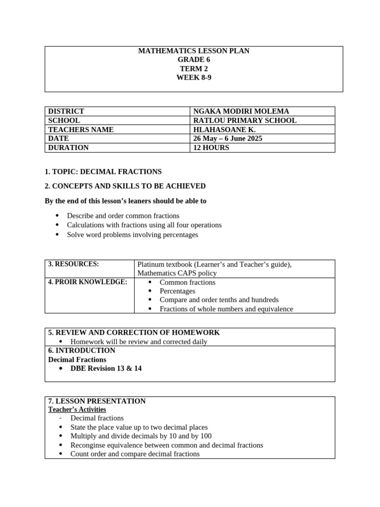 Grade 6 Decimal Fractions Lesson Plan | PDF