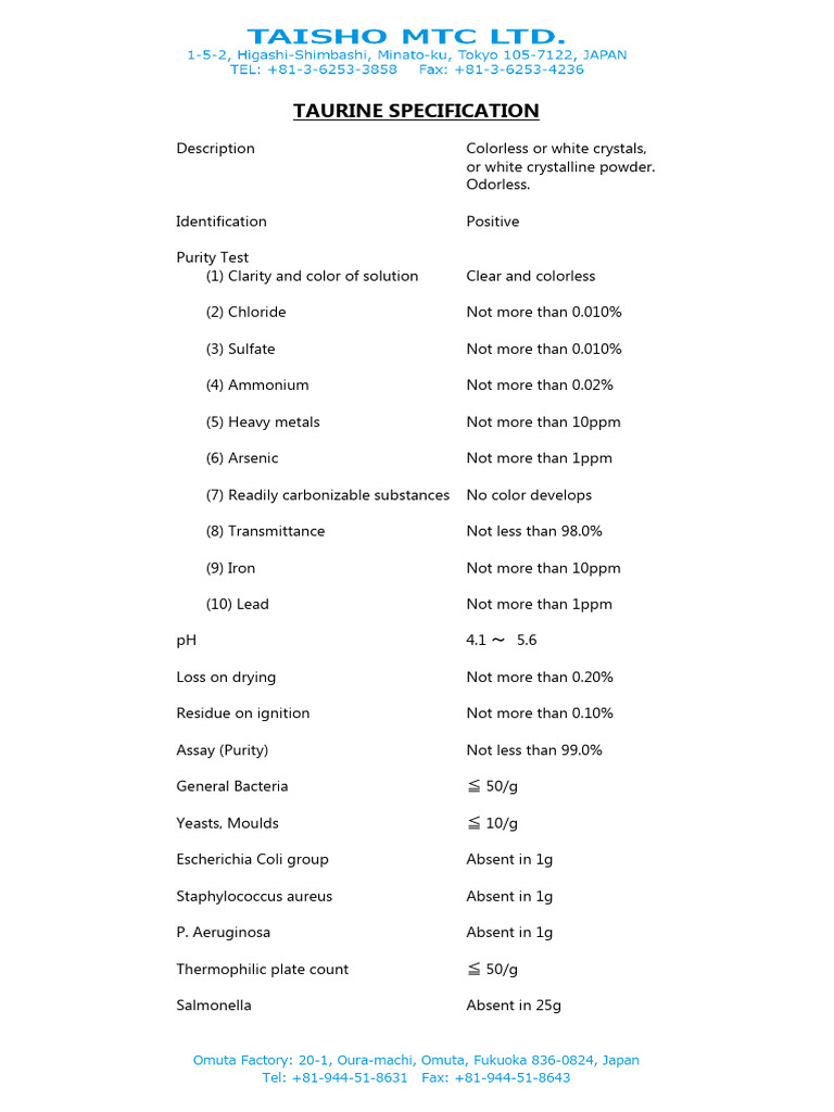 Taurine Purity and Specification Details | PDF