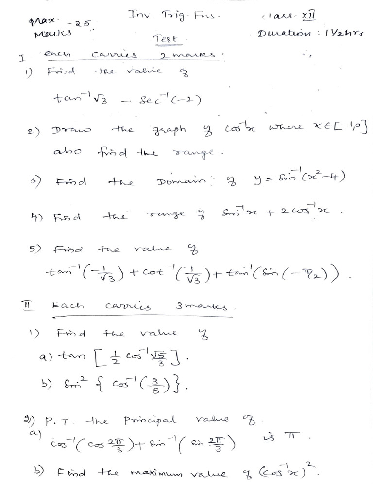 Class 12 Inv Trig FNS WS | PDF