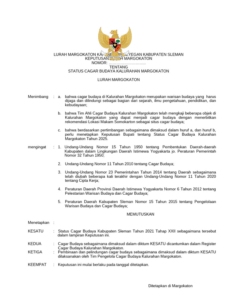 SK - Lurah Margokaton - TTG - Status - Cagar - Budaya - Kalurahan Margokaton 2025 | PDF