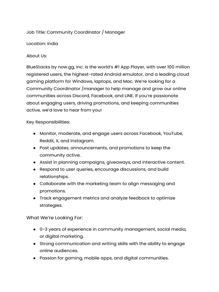 JD For Community coordinator | PDF