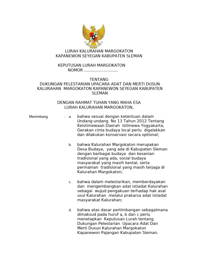 SK Lurah Margokaton Tentang Dukungan Pelestarian Upacara Adat Dan Mertidusun Kalurahan ...
