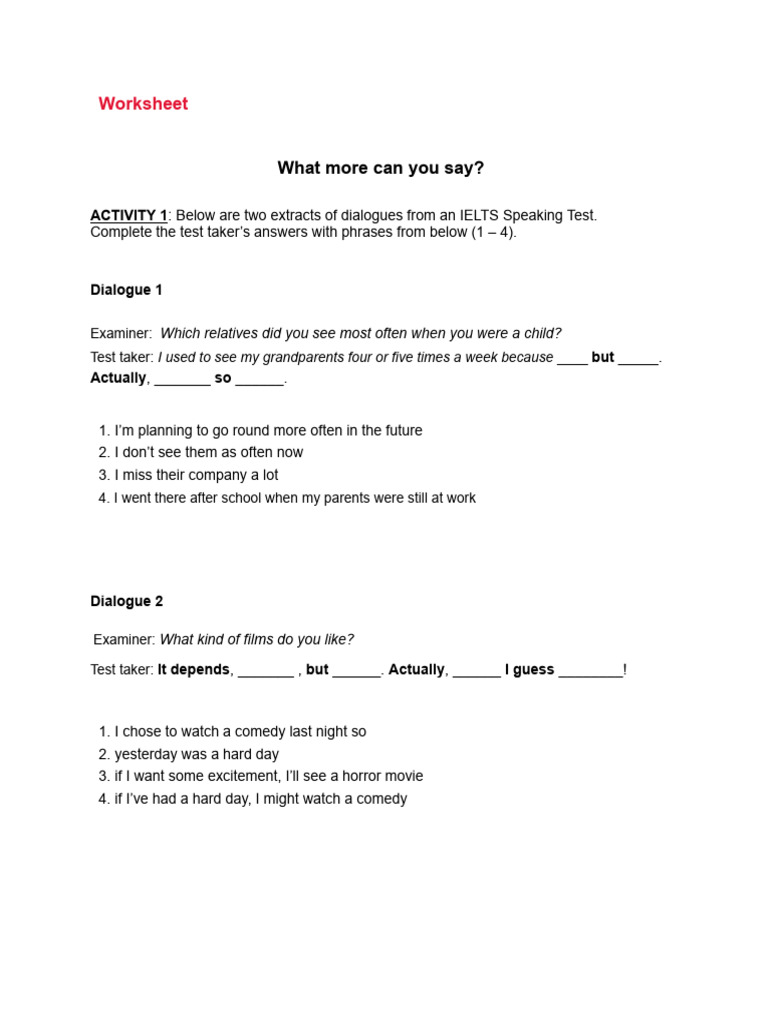 Speaking Part 1 Worksheet | PDF