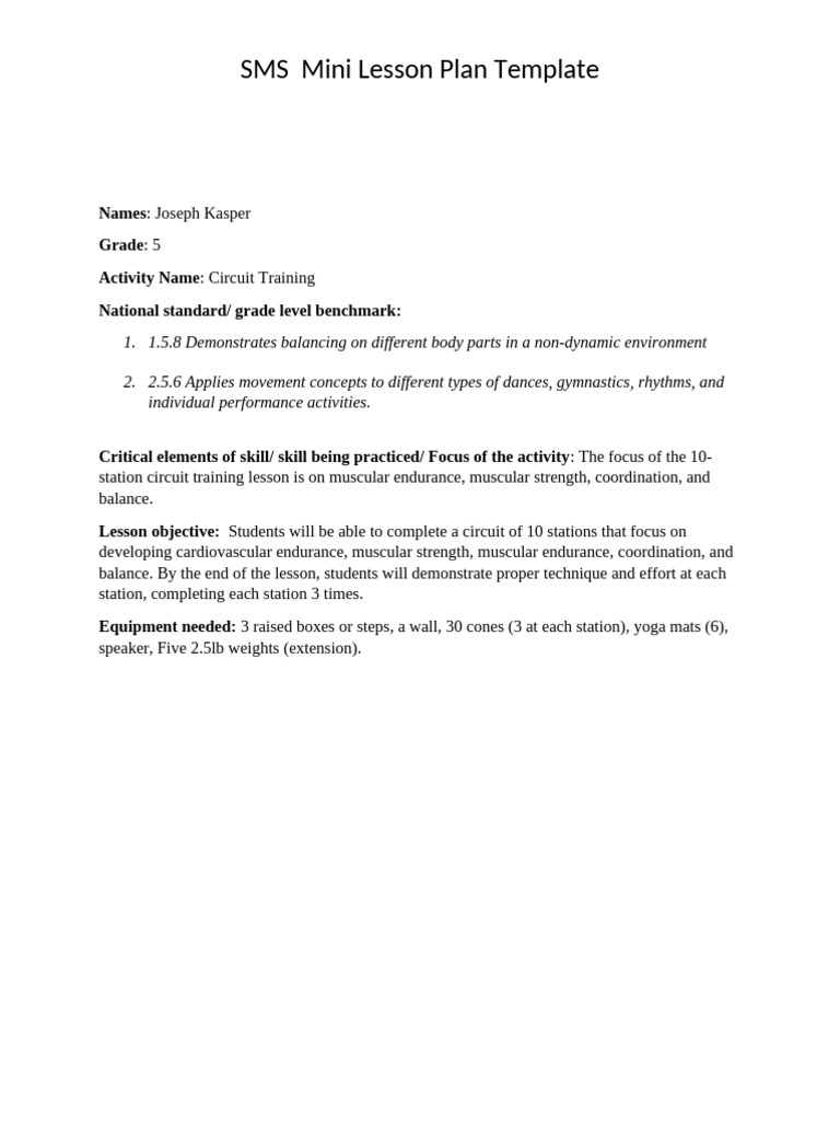 Kasper - Joseph Grade 5 Circuit Training Lesson | PDF | Physical ...