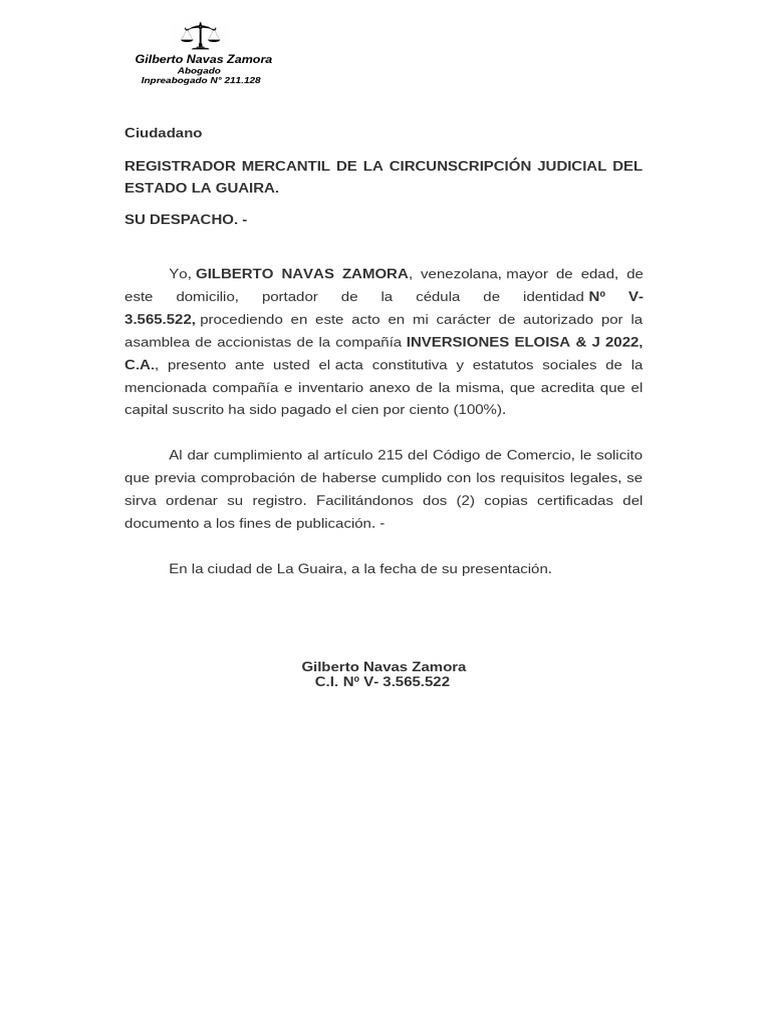 Acta Constitutiva de Eloisa & J 2022, C.A. | PDF | Compartir (Finanzas) | Sociedad de ...