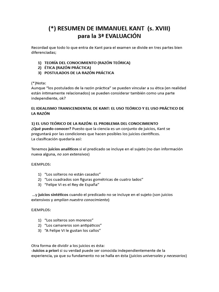 Resumen de Immanuel Kant | PDF | Immanuel Kant | A priori y a posteriori