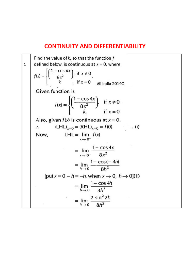 Continuity and Differentiability Extra Questions | PDF