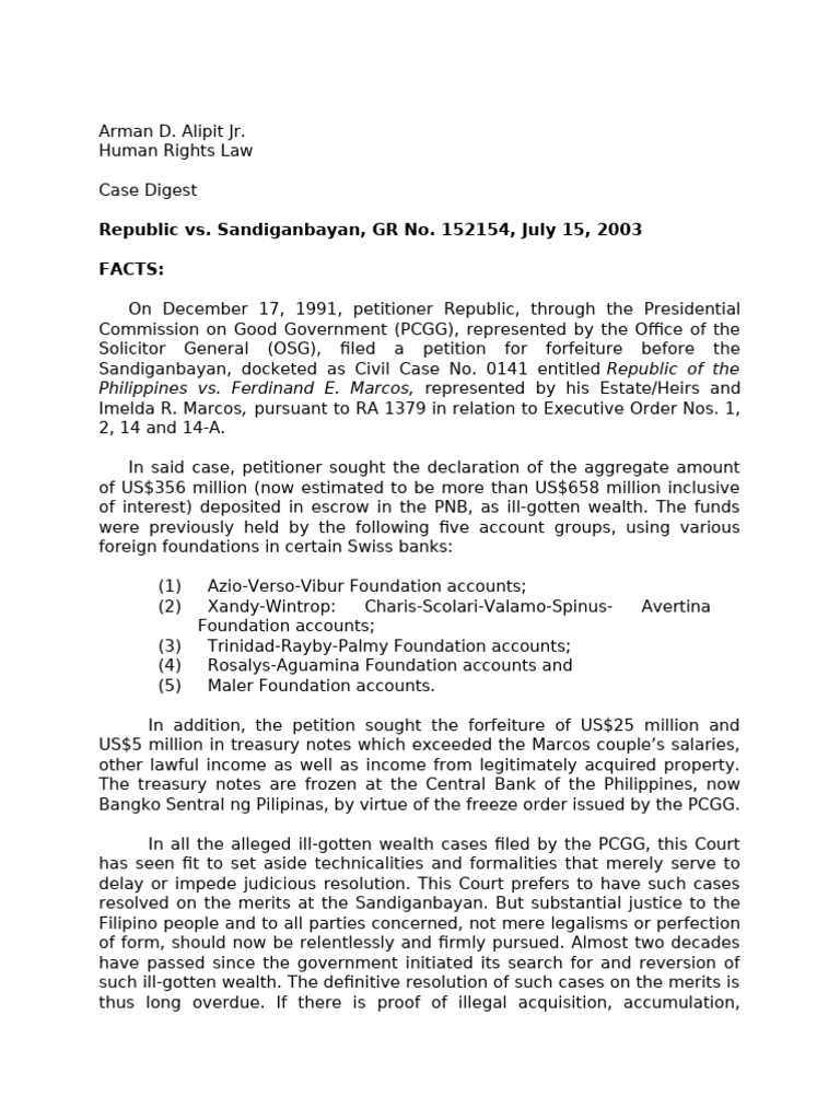 Republic vs Sandiganbayan Case Digest | PDF | Summary Judgment | Lawsuit