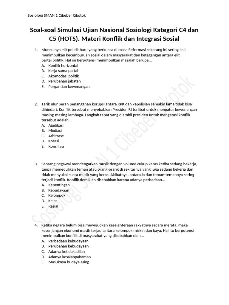 Soal-soal Simulasi Ujian Nasional Sosiologi Kategori C4 dan C5 (HOTS). Materi Konflik dan ...