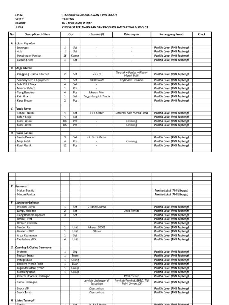 Checklist Persiapan Temu Karya PMI Tapteng | PDF