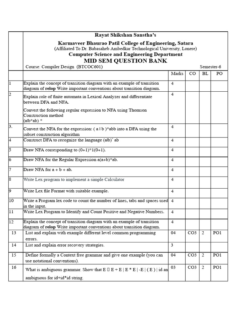 Mid Sem Question Bank - CD | PDF | Metalogic | Grammar