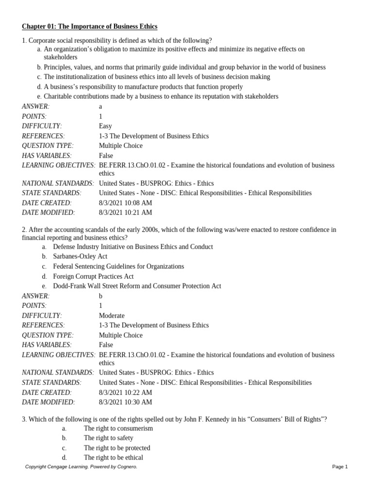 Chapter 1 Test Bank Sample | PDF | Business Ethics | Morality