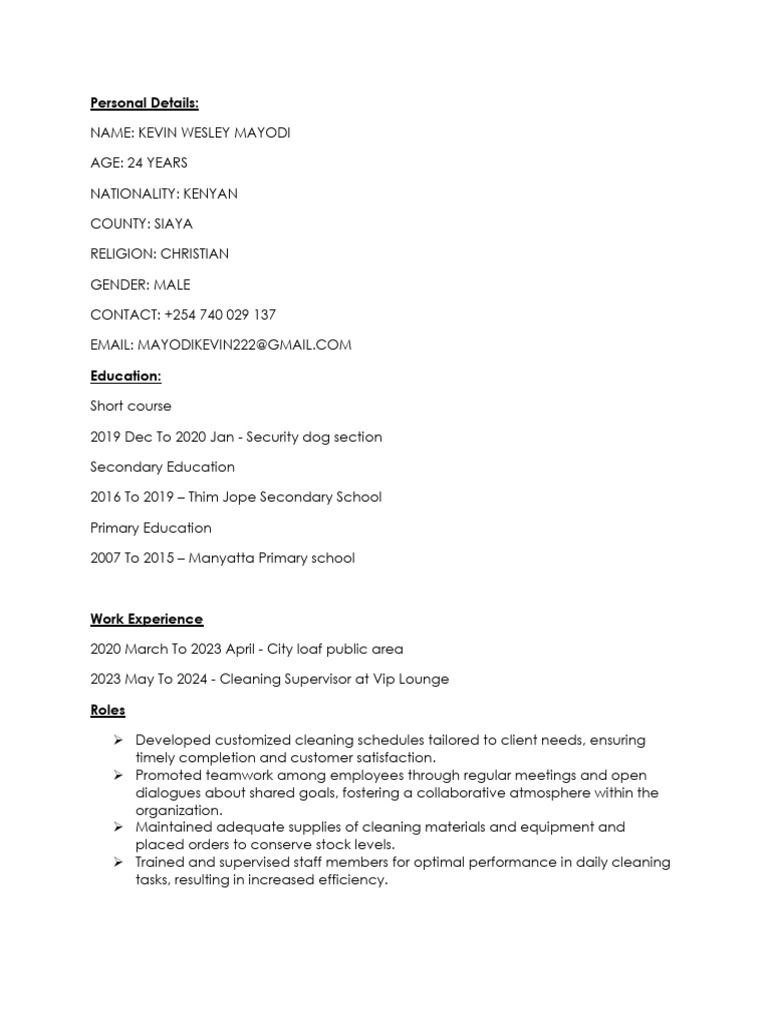 Kevin Mayodi: Cleaning Supervisor Profile | PDF
