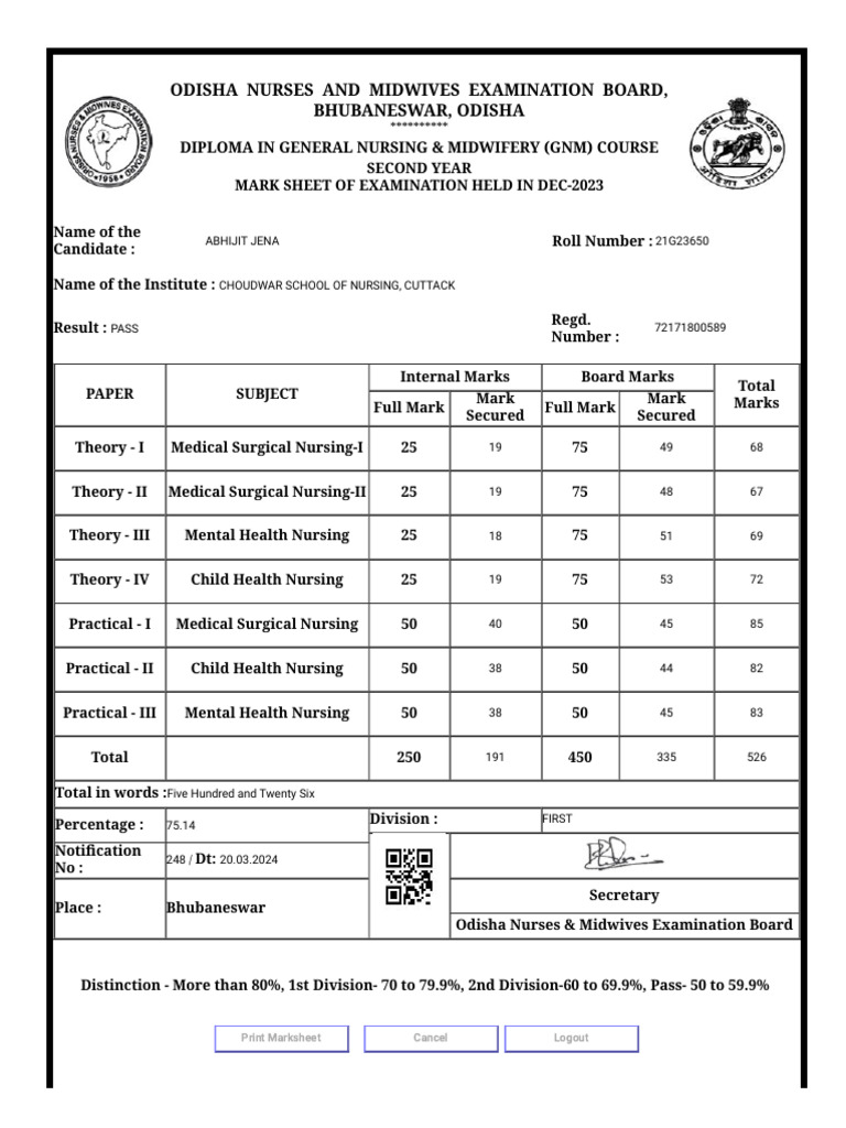 GNM 2nd Year Marksheet | PDF | Midwife | Health Sciences