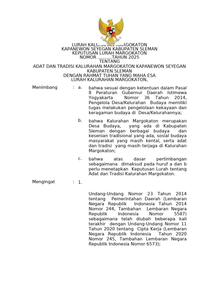 SK Lurah Kalurahan Margokaton TTG Adat Dan Tradisi | PDF