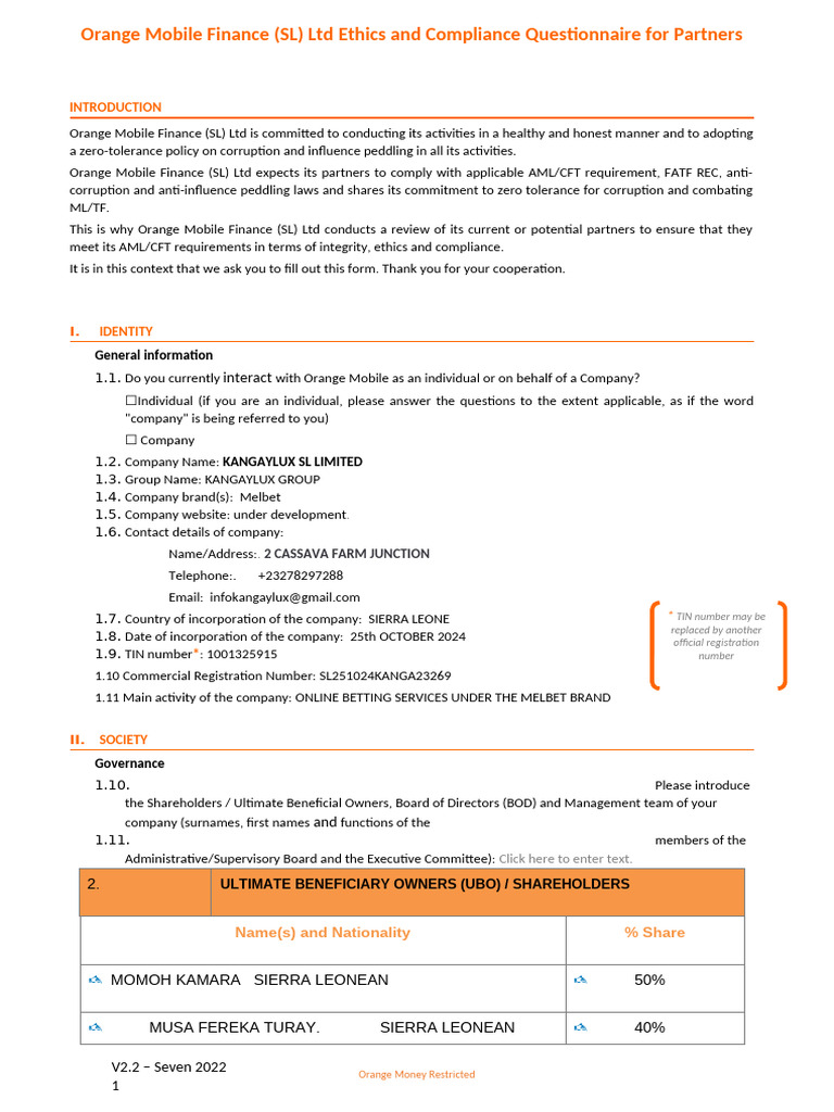Ethics Compliance Questionnaire For Partner Form | PDF | Identity ...