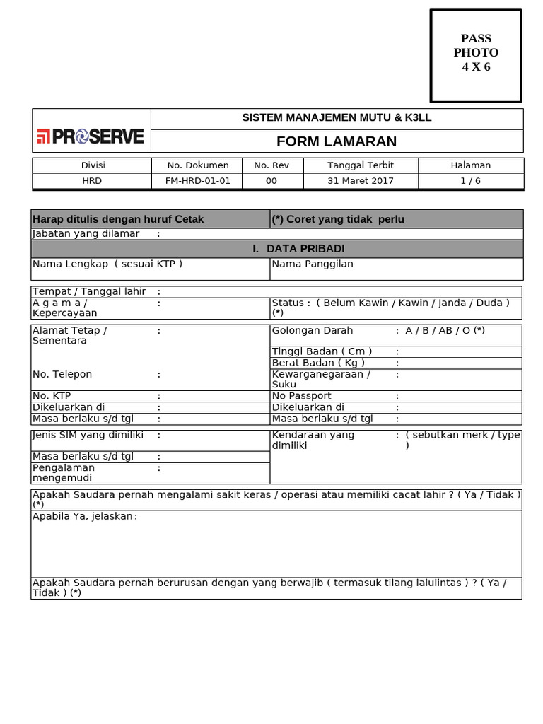 Formulir Lamaran Kerja K3LL HRD | PDF