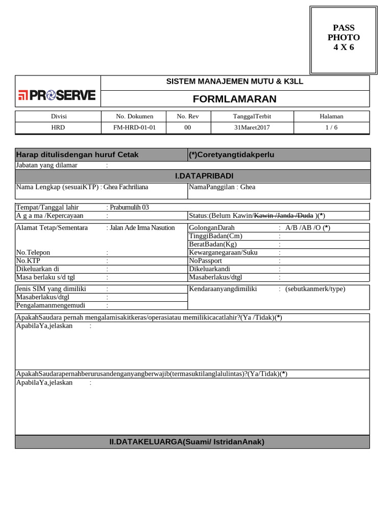 Form Lamaran Ghea | PDF