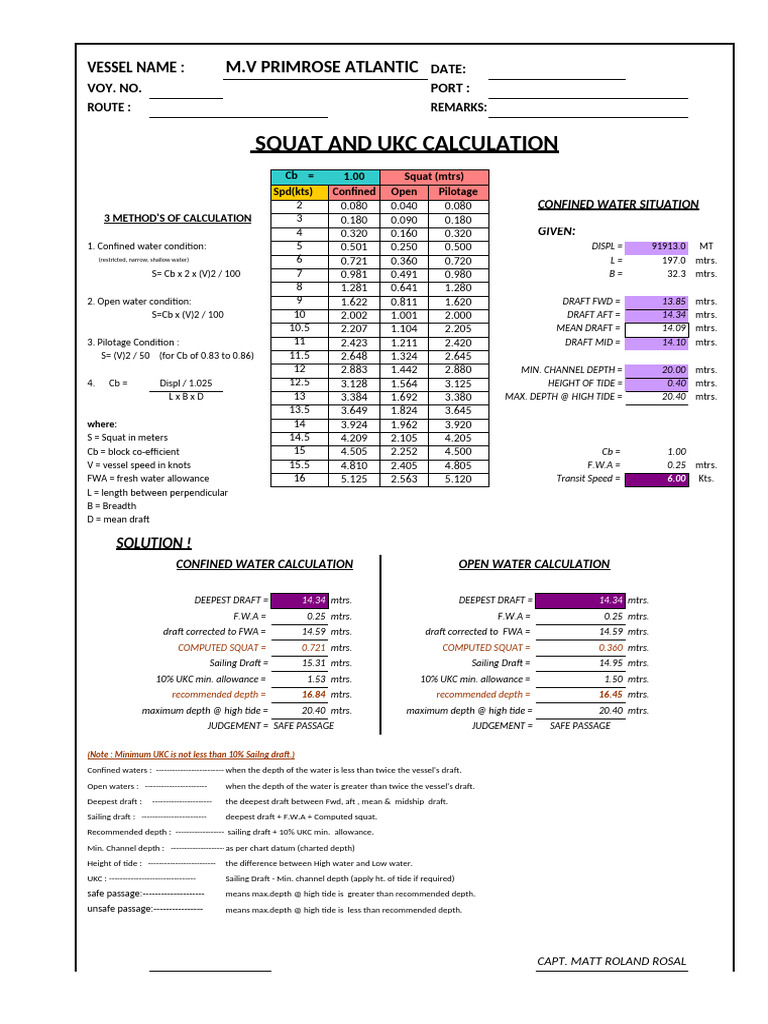 Squat and UKC Calculation for M.V. Primrose Atlantic | PDF | Ships ...